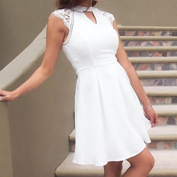 She + Sky | Dresses | She Sky White Keyhole Lace Cutout Skater Dress ...